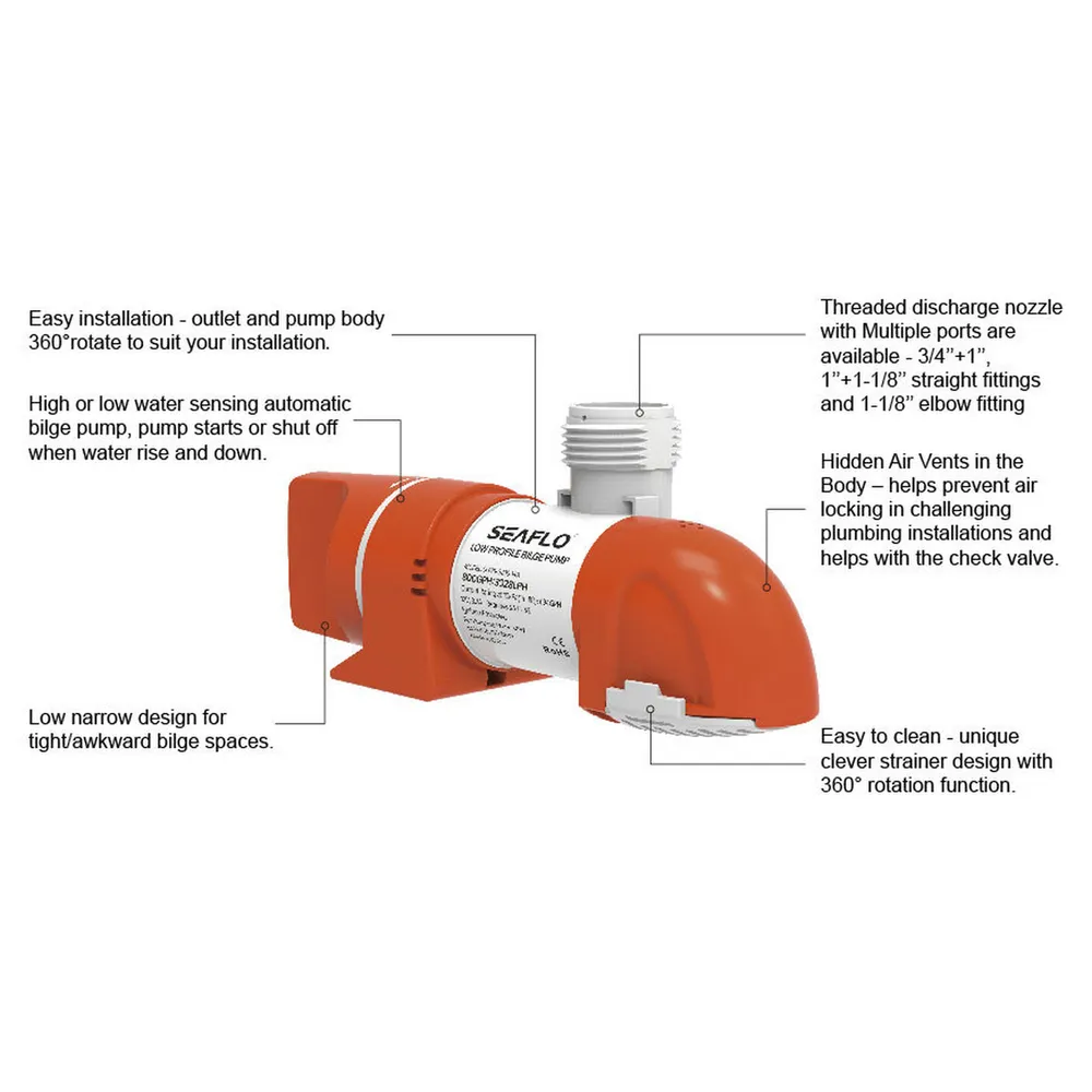 12V 1100GPH Water Level Sensing Low Profile Bilge Pump 14A Series ...
